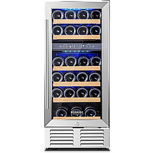 BODEGA 15 Inch Wine Cooler Under Counter, 28 Bottle Dual Zone Wine Fridge, with Double-Layer Glass Door, Temperature Memory and Digital Temperature Control, Built-in or Freestanding