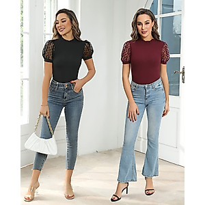 MANGOPOP Women's Bodysuit Ruffle Mock Turtle Neck Polka Dot Sheer Mesh Puff Short Sleeve Blouse Body Suits Top Dressy Casual