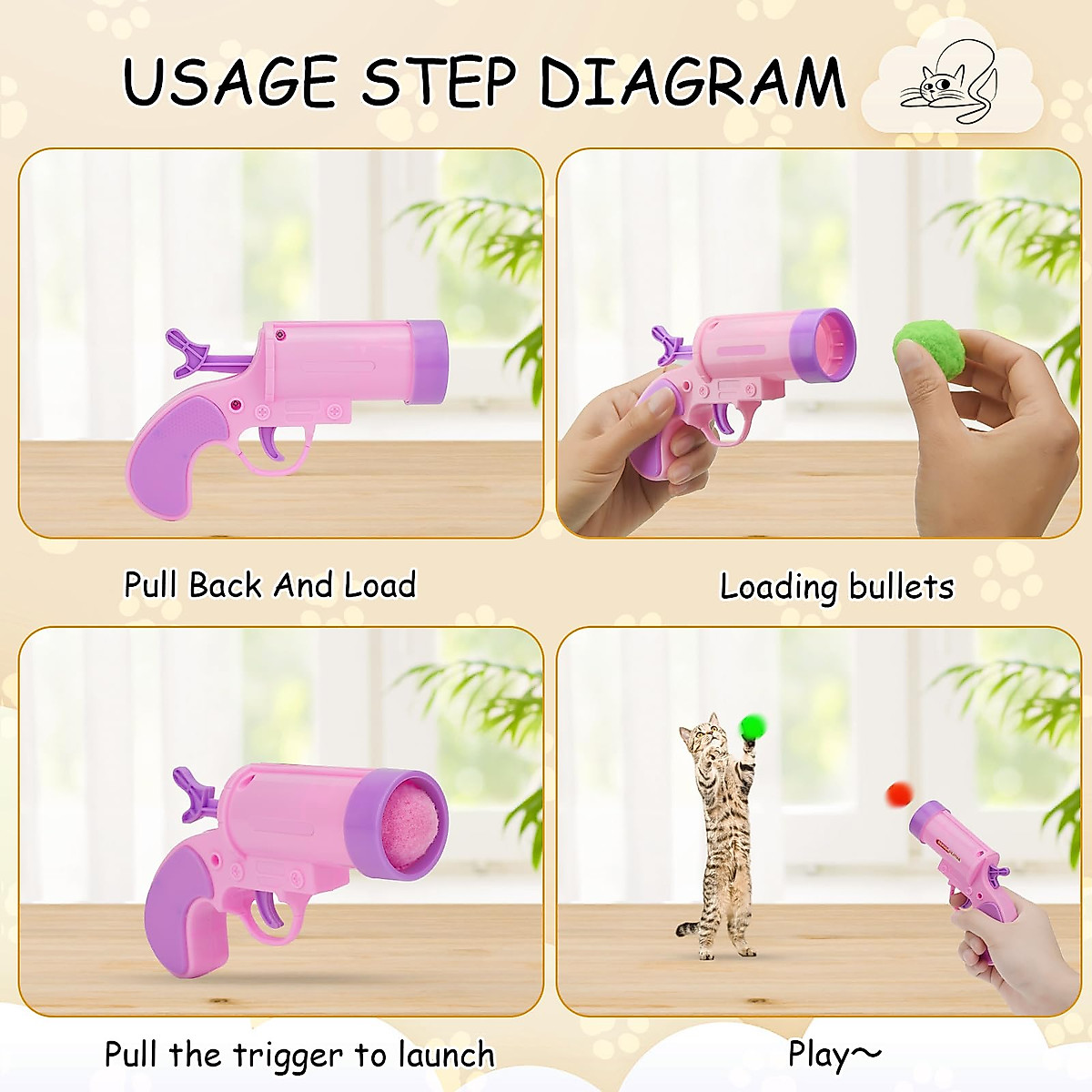 C-PASSION Cat Ball Toy Launcher Gun,Cat Balls Fetch Toy,50Pcs Plush Fuzzy Balls Launcher Cat Toy for Cats,Cute Kitten Kitty Toys,Funny Interactive Cat Toys for Bored Indoor Adult Cats