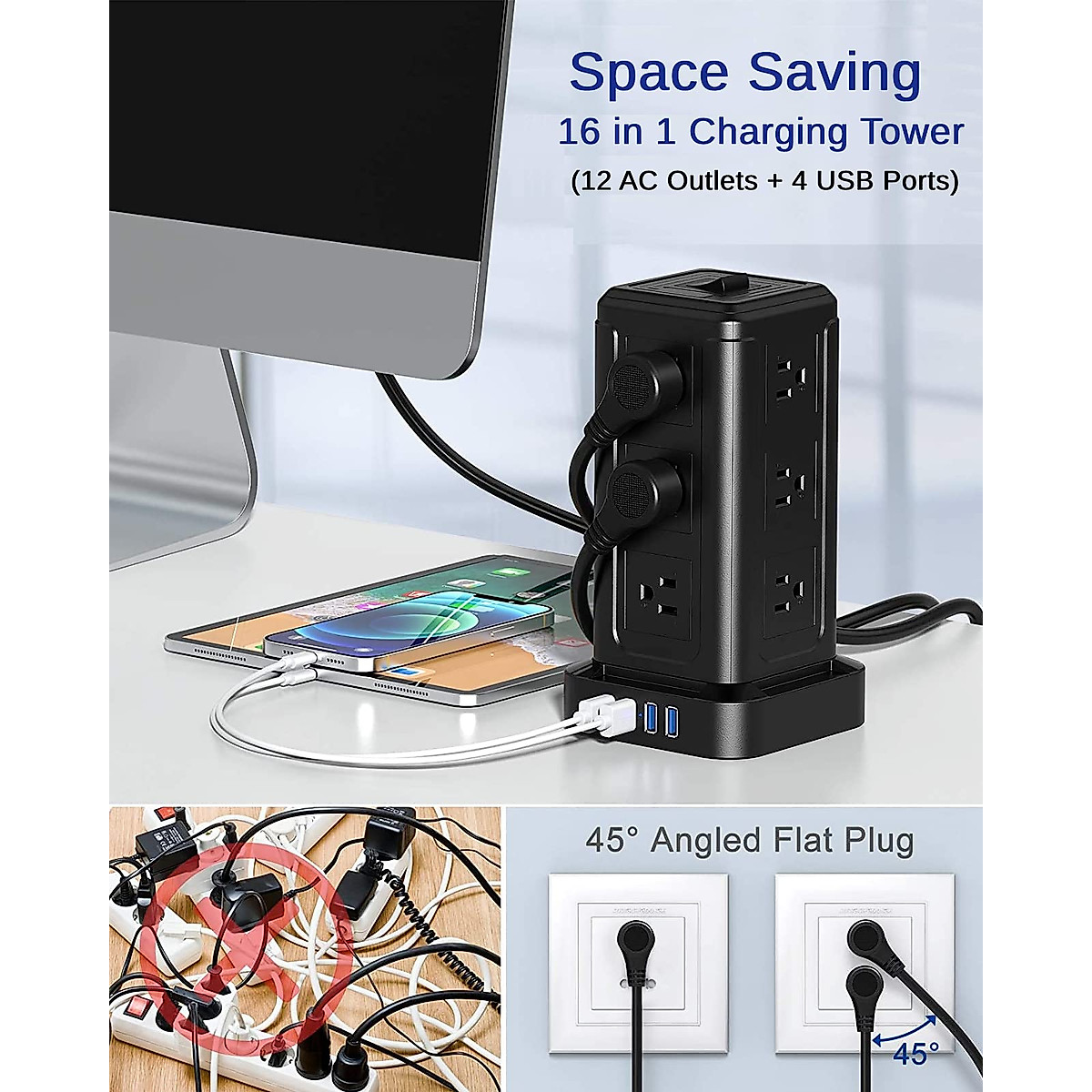 NVEESHOX Power Strip Surge Protector Tower with 12 Outlets 4 USB Ports, 10ft Long Extension Cord Multiple Outlets Charging Tower with Surge Protection, Overload Protection Fire Proof for Home Office