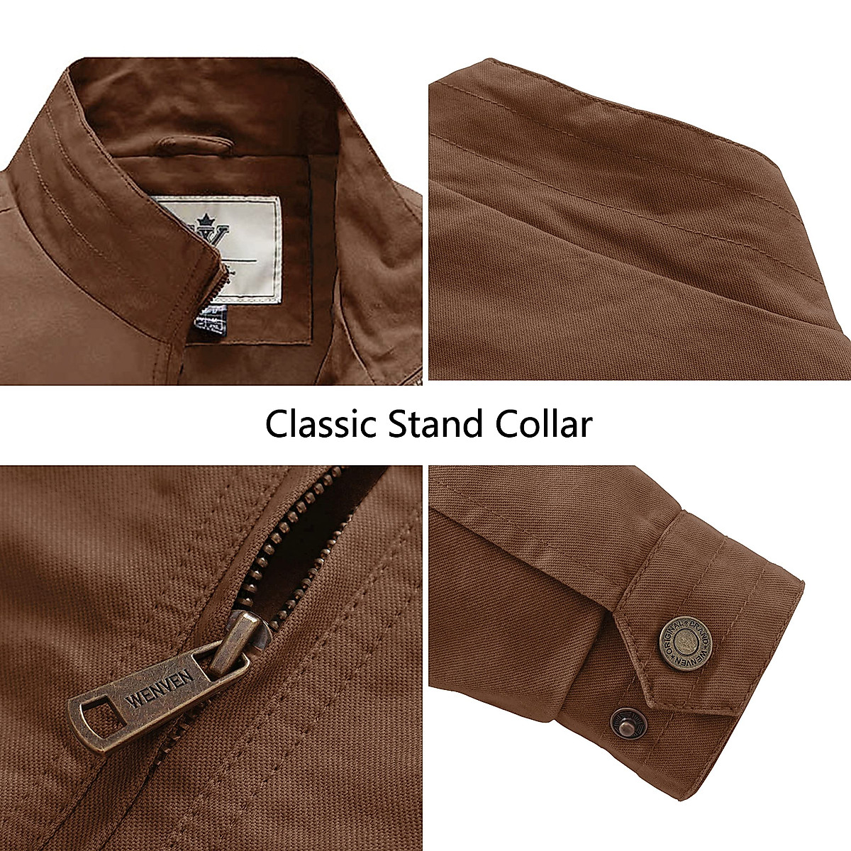 WenVen Men's Casual Canvas Jacket Light Spring Field Windbreaker (Coffee, M)