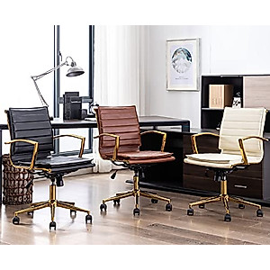 Shunzhi Leather Desk Chair with Armrest PU Leather Office Chair Midback Adjustable Home Computer Executive Chair Swivel Conference Task Chair Managers Chair with Chrome Base, Brown and Gold