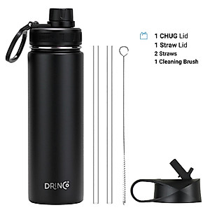Drinco Stainless Steel Water Bottle Spout Lid Vacuum Insulated Double Wall Water Bottle Wide Mouth (40oz 32oz 22oz 18oz 14oz) Leak Proof Keep Cold Sport Camping Hiking (22 oz, 22oz Black)