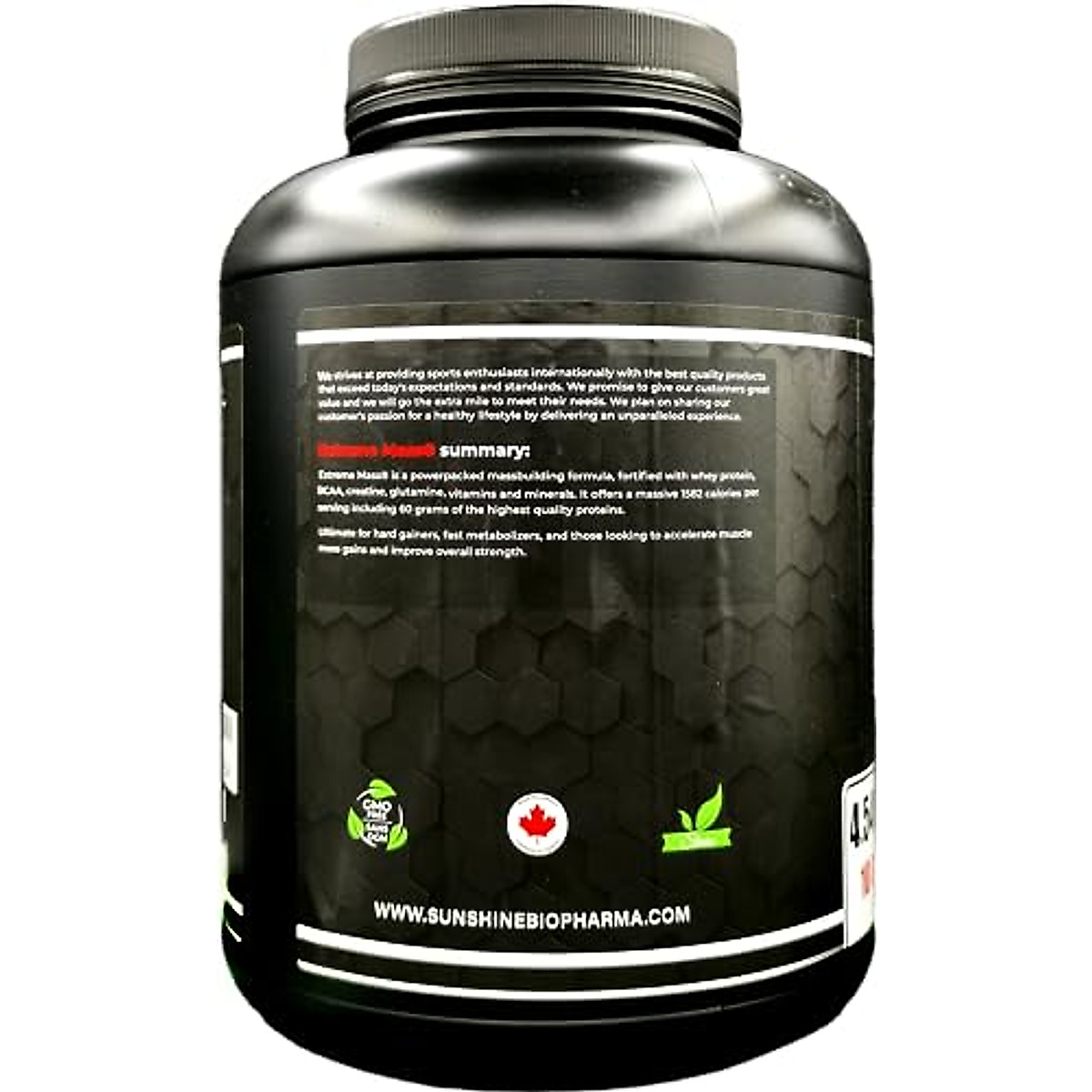 Extreme Mass Strawberry-Banana 10 lbs (4.54 kg) from Sunshine BioPharma, mass gainer protein mix giving the high calorie fortified whey protein with BCAA, creatine, glutamine, vitamins and minerals.