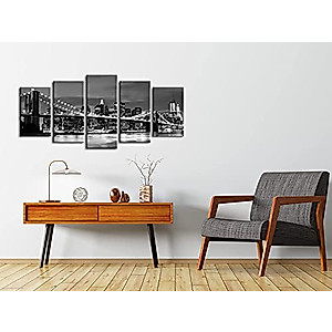 Wieco Art New York Brooklyn Bridge Canvas Wall Art Night View 5 Panels Modern Landscape Artwork Canvas Prints Abstract Pictures to Photo Canvas Wall Decor for Home & Office Decorations
