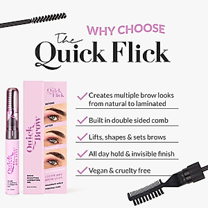 The Quick Flick - Quick Brow 2-in-1 Brow Lamination and Sculpting Gel, Unique Eyebrow Gel and Brow Wax Hybrid Formula, All-Day Hold Brow Gel and Laminate Eyebrow Makeup with Double-Sided Comb, 8 ml