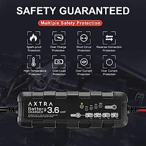 AXTRA 6V and 12V Car Battery Charger, 3.6-Amp Fully-Automatic Smart Battery Maintainer for Car, SUV, Truck, Motorcycle, Boat, RV, Lawn Tractors, ATV - (Lead Acid, AGM, Sealed, GEL, SLA, Flooded)