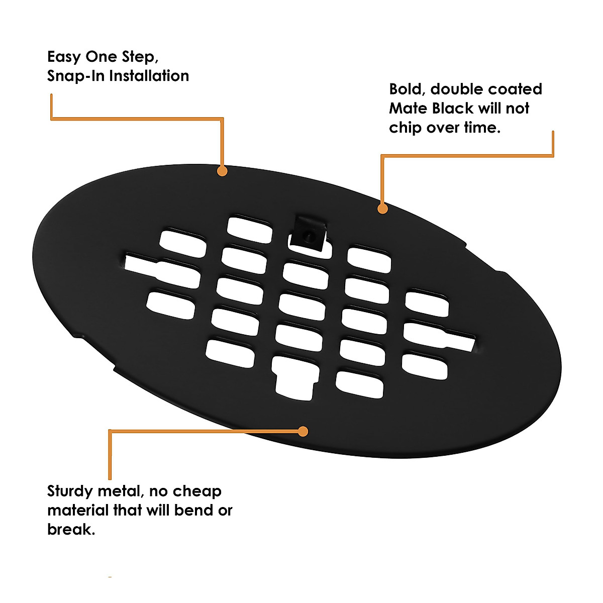 4 1/4” Snap-in Shower Drain Grate - Matte Black - Replacement Cover - VHI - Handyman Designed & Tested in America - Will Never Bend or Break