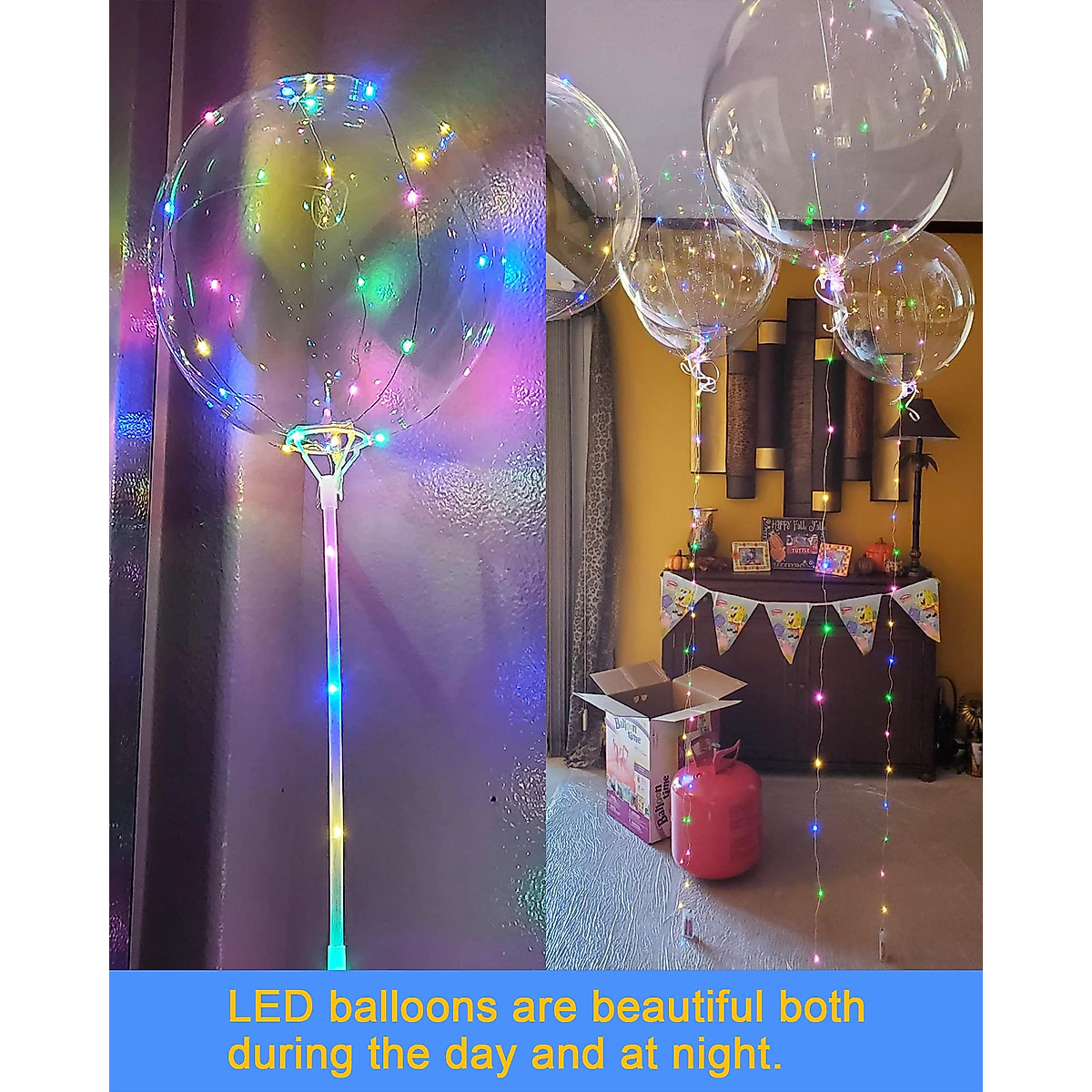 10 Pack LED Balloons with Sticks - Light Up Balloons LED Balloon, Clear Bobo Balloons with Lights, 20 Inch Bubble Balloons with Lights, Helium Lighted Balloons, Glow in the Dark Balloons for Party