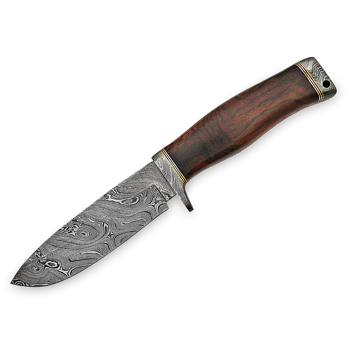 SFG - 11" Fixed Blade Hunting Knife, Damascus Steel Blade, Non-Slip Walnut Wood Handle, Lanyard Hole, Leather Pouch, Hunting, Camping, Backpacking, Fishing, Unique Gift Item For Men