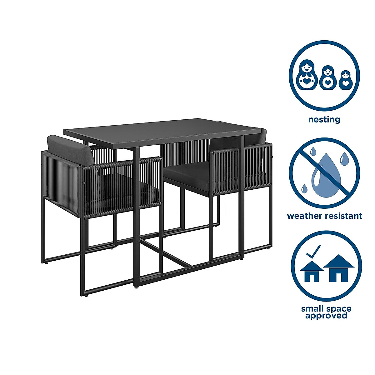 COSCO CoscoProducts Modern Nesting Outdoor Bistro Resin Weave and Fabric Cushions, 3-Piece Set, Dark Gray