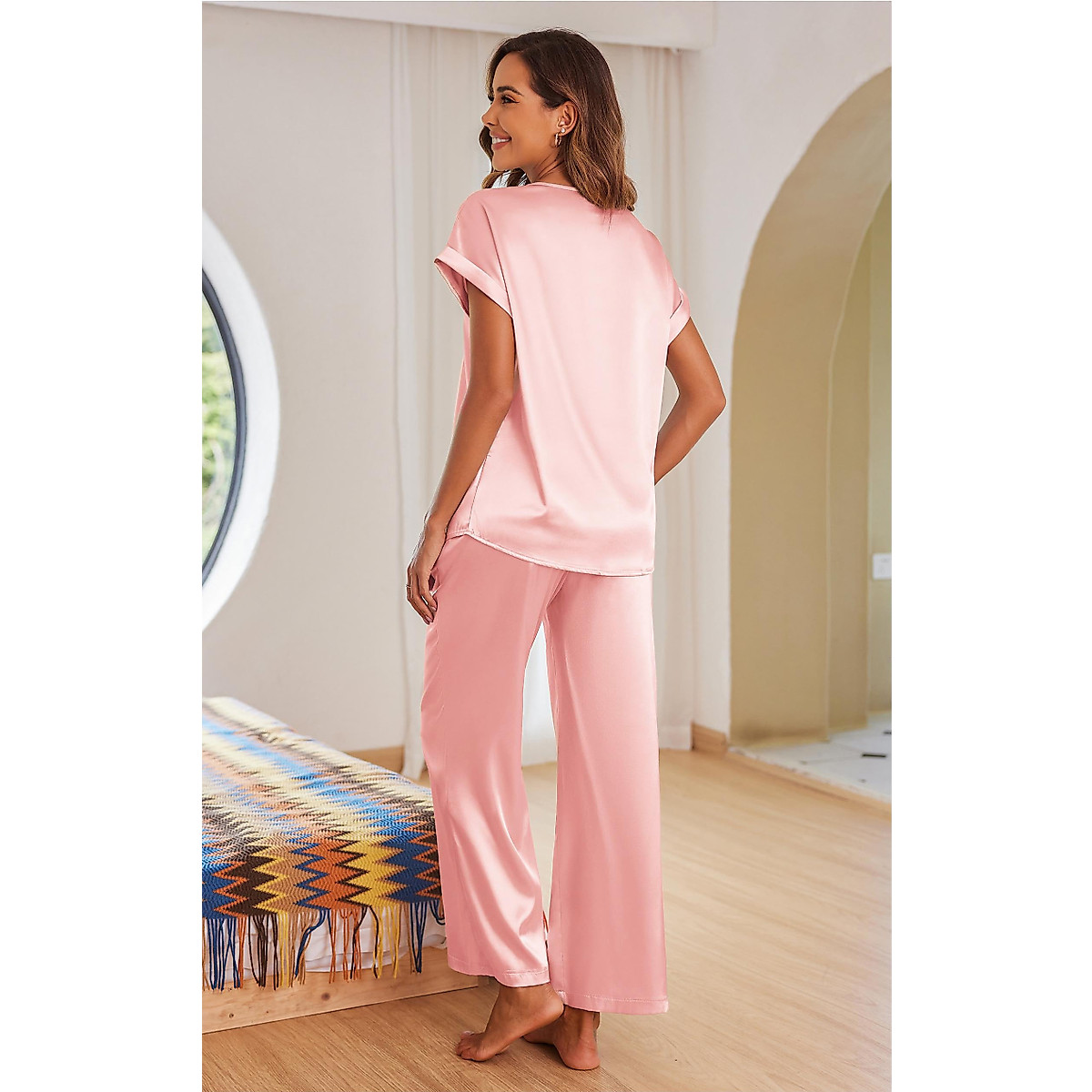 Ekouaer Womens Silk Pajamas Set Satin Pjs with Long Pants Short Sleeve Sleepwear Guipure V Neck Loungewear Pink