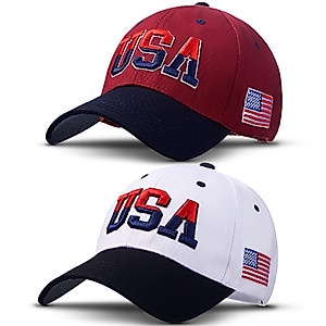 2 Pieces Patriotic Baseball Cap Adjustable Cotton Dad Hat USA Embroidered American Flag Cap for Men Women (Mixed Color)