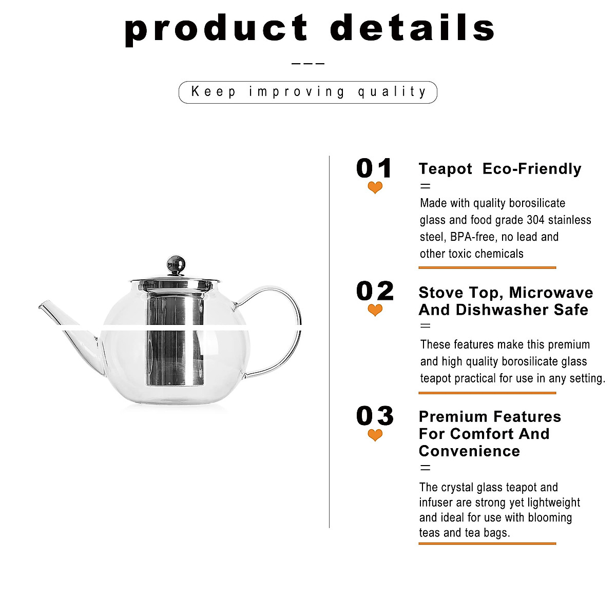 LUXU Glass Teapot with Stainless Steel Infuser & Lid,Stovetop Safe 1100ml/37 oz Clear Glass Tea Kettle with Comfortable Handle,Premium Blooming and Loose Leaf Tea Maker Set