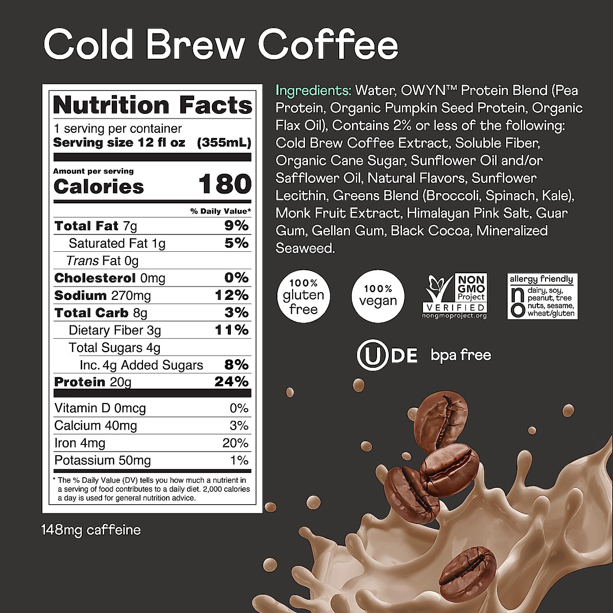 OWYN Only What You Need Vegan Plant-Based Protein Shake, Cold Brew Coffee, 12 Pack, with 20g Plant Protein, Omega-3, Prebiotic supplements, Superfoods Greens Blend, Gluten-Free, Soy-Free, Non-GMO