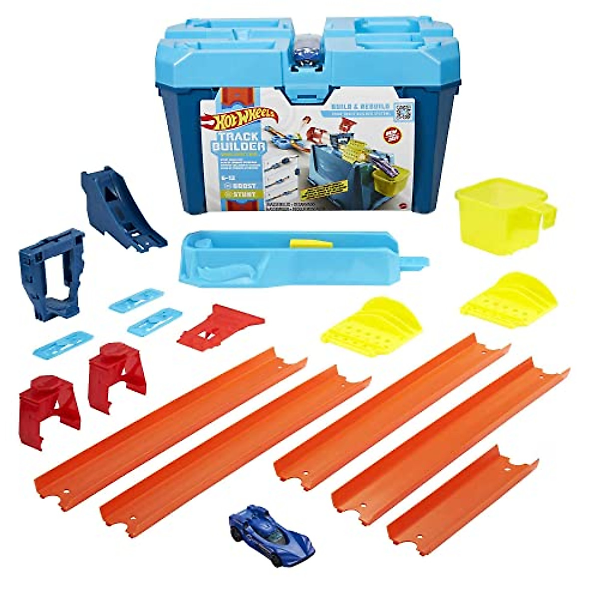 Hot Wheels Track Builder Unlimited Stunt Crash Box Play Set with 18 Building Components in Storage Box with Lid & One 1:64 Scale Hot Wheels Car, Awesome Gift for Kids 6 to 12 Years Old