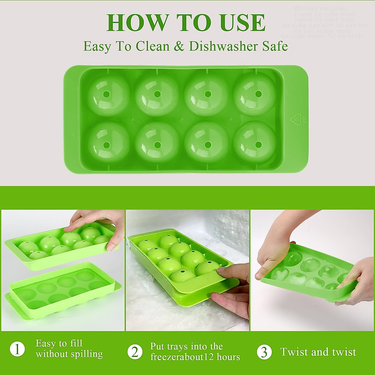 AIBIRUI Round Ice Cube Mold,2 x 8 PCS x 1.8'' Whiskey Ice Cubes,Circle Ice Cube Tray with Lid and Bin,Sphere Ice Ball Maker Mold,Large Ice Cube Molds for Cocktails,Coffee(Whiskey Ice Cubes Mold,Green)