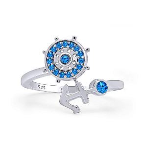 Round Simulated Blue Topaz 14k White Gold Over Sterling Silver Anchor & Rudder Ring