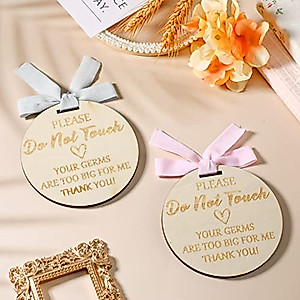 2 Pieces Baby Sign Please Don't Touch Baby Sign Wooden Baby Car Seat Carrier Stroller Tag with Ribbons for Babies Car Seat Carrier, 4 Inch