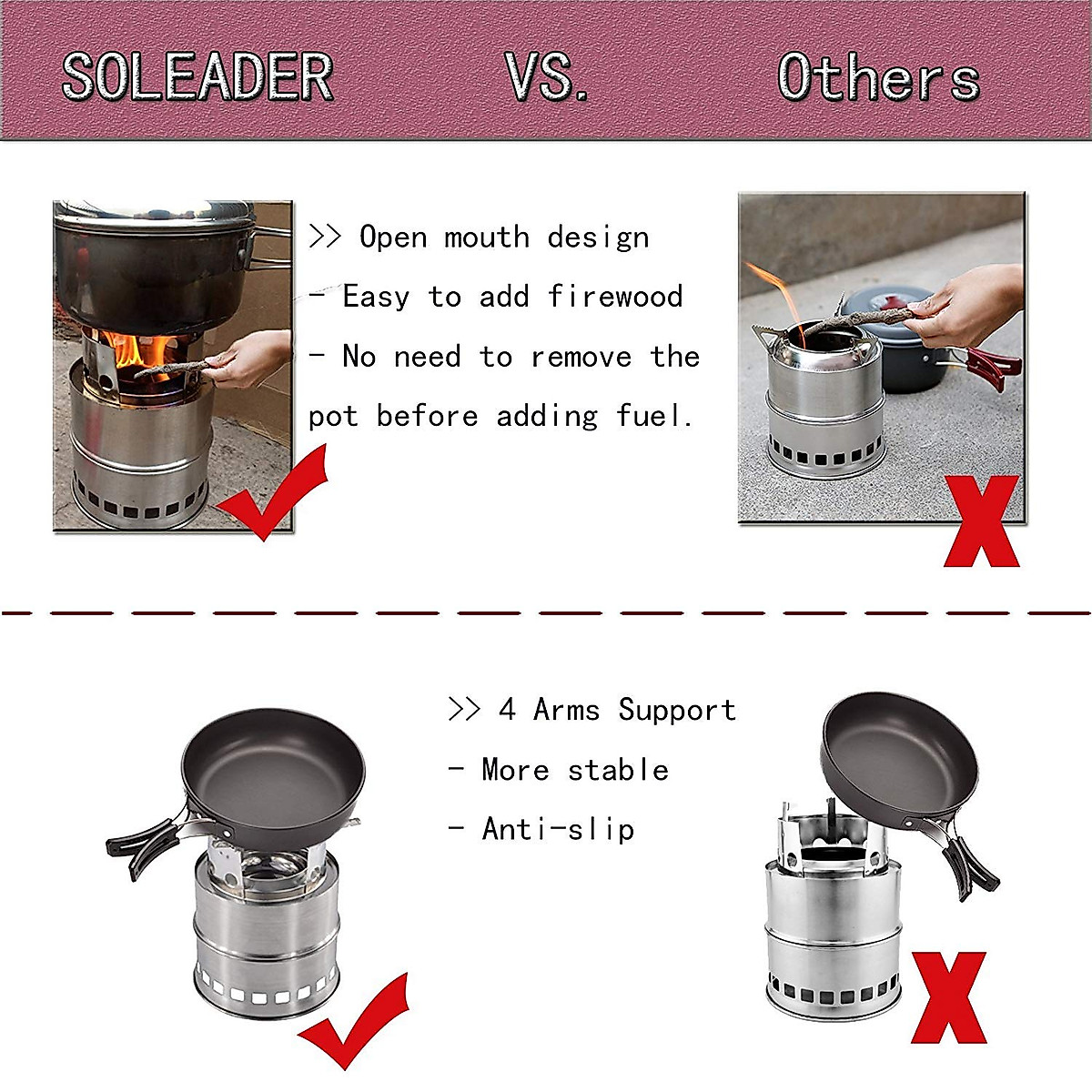 SOLEADER Portable Wood Burning Camp Stoves - Stainless Steel Compact Gasifier Stove - Twig Stove for Camping, Hiking, Picnic, BBQ, Backpacking The 3rd Generation