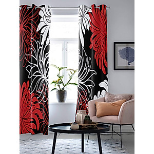 Black Out Window Curtains Floral Printed - 2 Panels Thermal Curtain Drapes Insulated Window Treatments for Bedroom Living Room, W 27.5 x L 39 inches Chrysanthemum Flower Red Black White, One Pair