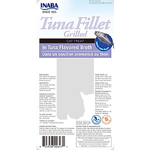 INABA Premium Hand-Cut Grilled Tuna Fillet Cat Treats/Topper with Vitamin E and Green Tea Extract, 0.52 Ounces Each, Pack of 6, Tuna Broth
