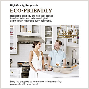 Caannasweis Nonstick Pots and Pans Set, Beige Granite Induction Kitchen Cookware Sets, 14 Pieces Non Stick Cooking Set, Large Capacity Saute Pan, PFOA Free