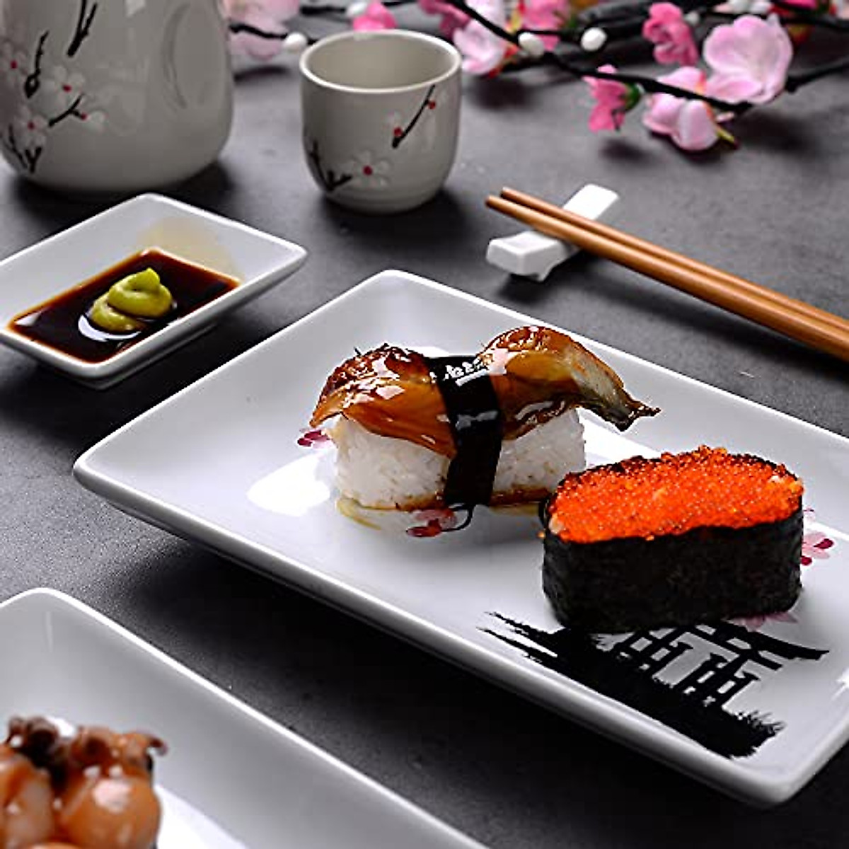Panbado 8 pcs Sushi Plate Set, Porcelain Sushi Sets Japanese Style, Gift Box Include 2 X Sushi Plates(240 ml), 2 X Dip Bowls(60 ml), 2 X Chopstick Rest, 2 Pairs of Bamboo Chopsticks