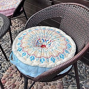 vctops Boho Print Round Chair Pad with Handle Soft Velvet Chiar Cushion Floral Pattern Thicken Seat Cushion for Dining Chairs, Office Chairs, Hardwood Floors (Blue A,16"x16")