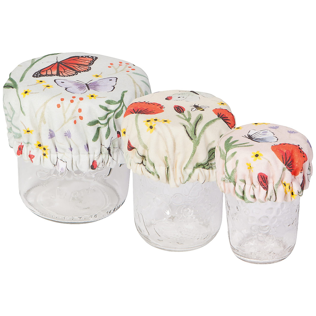 Now Designs Morning Meadow Save It Reusable Cotton Mini Bowl and Jar Covers 3.5 inches, 4.5 inches and 6.5 inches, Set of 3