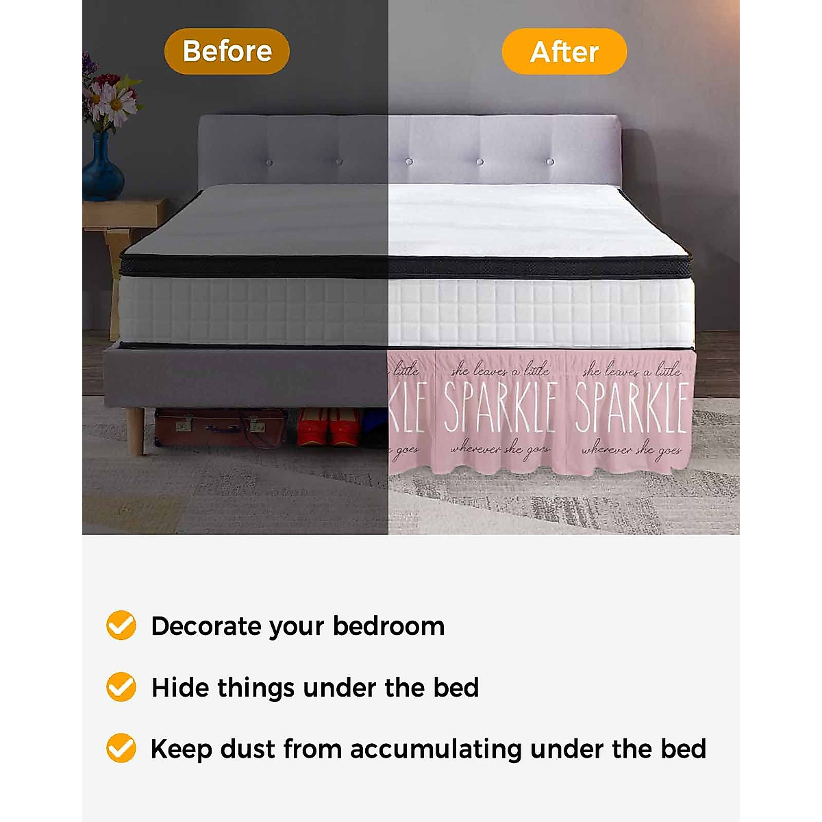 Blush Pink Positive Bed Skirt Queen Size 16 Inch Drop, Adjustable & Elastic Wrap Around Bed Skirts Pleated Luxury Dust Ruffles for Twin Full Queen Cal King Base Bed, Black White Energy Word