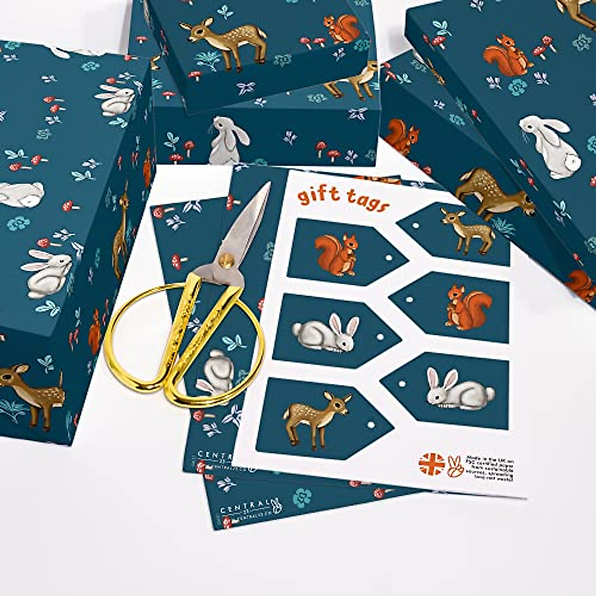 CENTRAL 23 Woodland Creatures Wrapping Paper - Blue Wrapping Paper - 6 Sheets Gift Wrap For Boys And Girls - Animals Deer Mushroom - Comes With Stickers
