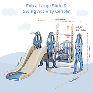 4 in 1 Toddler Slide and Swing Set, Kid Slide for Toddlers Age 1-2, Baby Slide with Basketball Hoop, Indoor Outdoor Slide Toddler Playset Toddler Playground– Blue