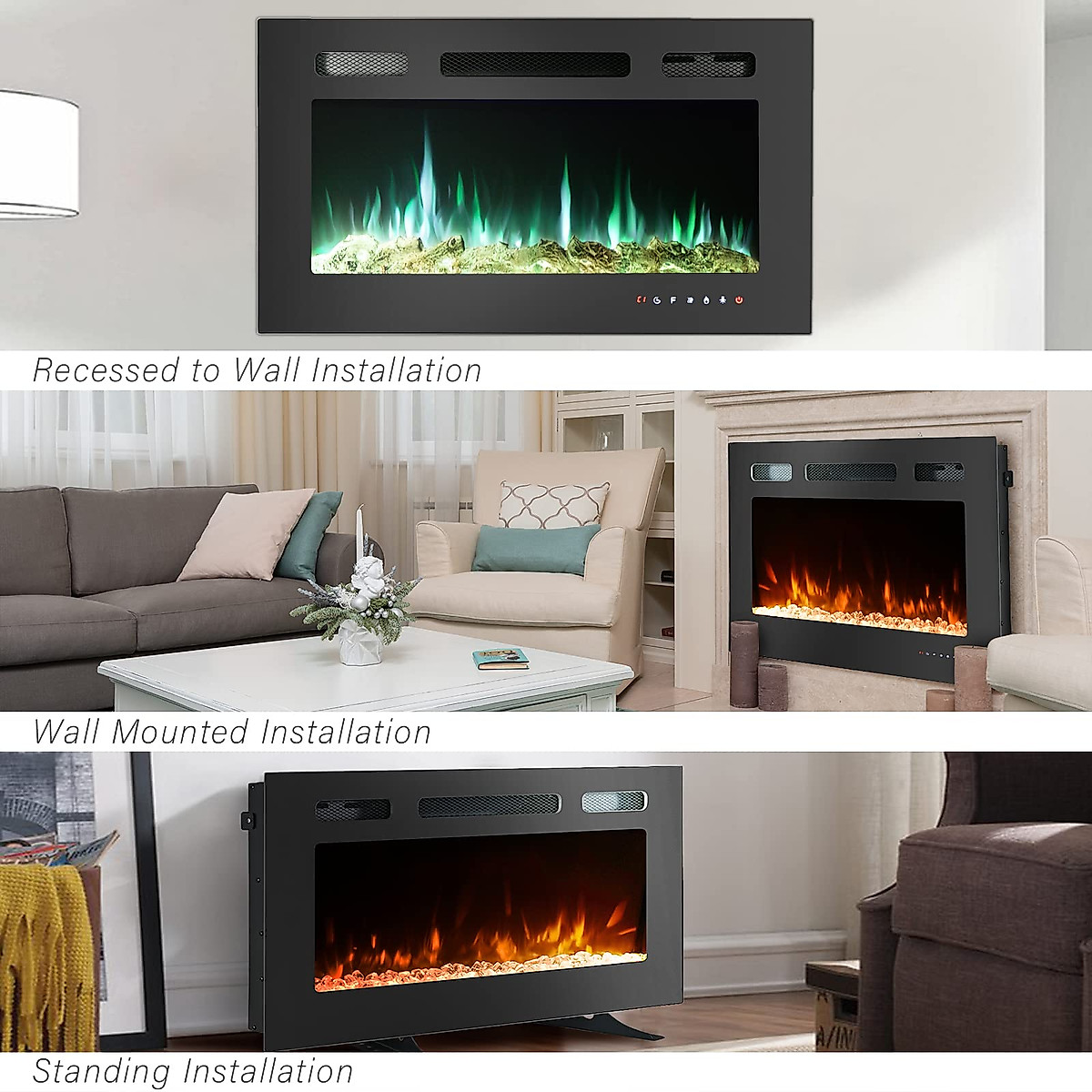 30 Inch Freestanding Electric Fireplace Inserts, Quiet Wall Mounted Fireplace, Led Fireplace for Living Room, Recessed Electric Fireplace, Linear Fireplace, Logs & Crystal, 750/1500W