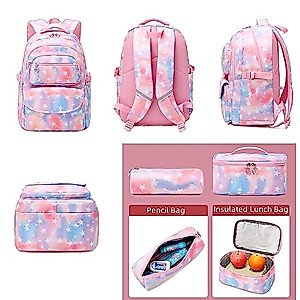 MITOWERMI Star-print Backpack for Girls Elementary School Bookbags Middle-School Backpacks with Lunch Box Pencil Case Many Compartments Blue