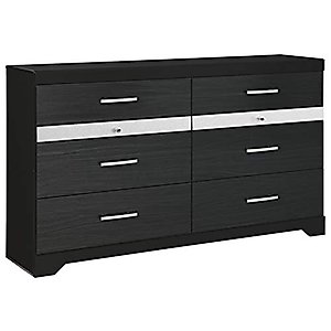 Signature Design by Ashley Starberry Glam 6 Drawer Dresser with Silvertone Glitter Accents & 2 Felt-Lined Jewelry Drawers, Black
