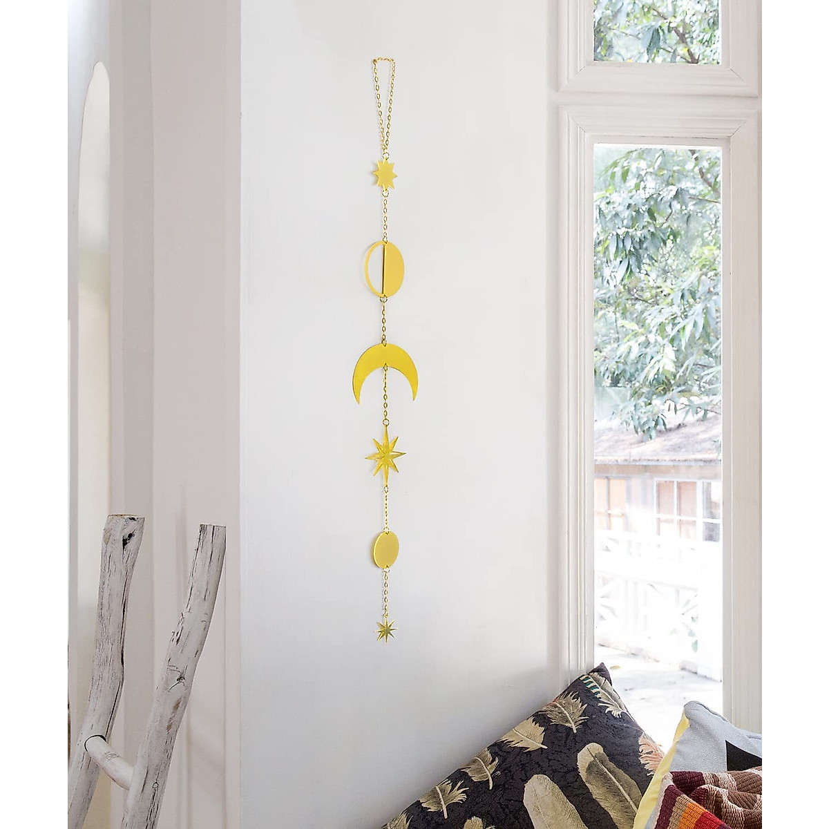 Dahey Moon Phase Wall Hanging Boho Decor Star Wall Art Garlands Metal Cycle Ornament Vertical Bohemian Home Decoration for Bedroom, Living Room, Apartment or Dorm, Gold