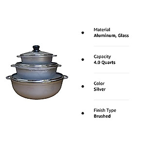 IMUSA USA Traditional Colombian Natural Caldero Glass Lid & Steam Vent 3-Piece (1.4/3.4/6.6) Quart, Silver (Dutch Oven Set)