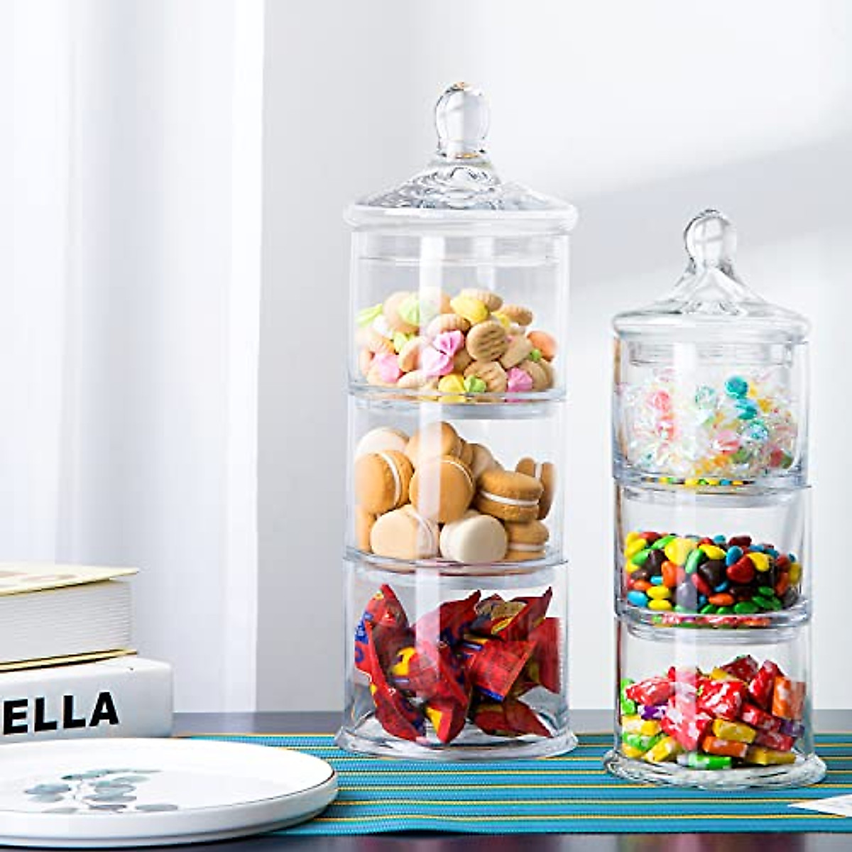 Diamond Star 12" 3 Tier Decorative Round Glass Storage Jars with Lids, Decorative Round Stackable Snack Storage Canister with Lid for Sweets, Animal Treats, Dry Foods, Fruit, Nuts, Coffee Bean and Building Blocks