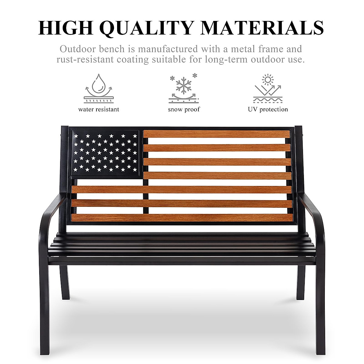 Attliahome 50" Outdoor Garden Bench, Cast Iron Metal Frame Patio and Porch Welcome Benches with American Flag Backrest and Weatherproof Seat, Park Decorative Memorial Bench (Black & Woodgrain Colors)