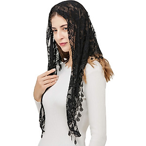 PAMOR Mass Veil Triangle Mantilla Cathedral Head Covering Chapel Veil Lace Shawl Latin Scarf (Black)