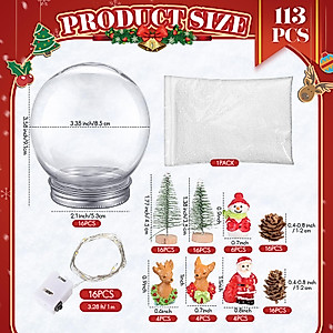 Liliful 16 Pack Christmas DIY Snow Globe Kit Including 3.58 Inch LED Plastic Snow Globe with Screw Off Cap Artificial Mini Christmas Tree Snowman Santa Deer Pine Cones and Lights