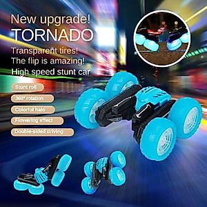 Obsiusfb RC Stunt Car for Kids with Wheel Lights and Headlights, 2.4GHz Double Sided 360° Rotating RC Car, High Speed Rechargeable Remote Control Crawler for Boys & Girls (Blue)