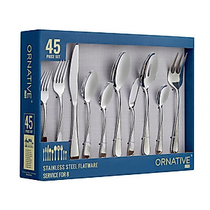 ORNATIVE - Noa Flatware Set with Service for 8, Silverware Set Includes Knives, Forks & Spoons for Home, Kitchen & Restaurant, 18/0 Stainless Steel & Dishwasher Safe - 45 Pieces, Mirror
