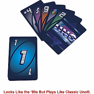 Mattel Games UNO Iconic Series 1980s Matching Card Game Featuring Decade-Themed Design, 112 Cards for Collectors, Teen & Adult Game Night, Ages 7 Years & Older.