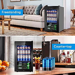 Beverage Refrigerator 17 inch Wide - 126 Can Beverage Cooler with Glass Door | Counter-Top/Freestanding Mini Beverage Beer Fridge | Temperature Memory | Invisible Door | Perfect for Soda, Beer