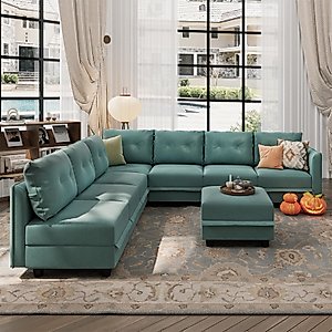 LLappuil Modular Sectional Sofa, Convertible L Shaped Sectional Couch with Storage, Faux Leather Fabric, Modular Sectionals with Chaise, 7 Seats with Ottoman Sofas for Living Room, Aqua Blue