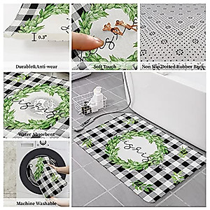 Easter Indoor Doormat Low Pile Welcome Mat - 18 x 30 Inches Spring Green Leaf Wreath Black White Buffalo Plaid - Sponge Rounded Corners Shoes Scraper Rugs for Entrance Bathroom