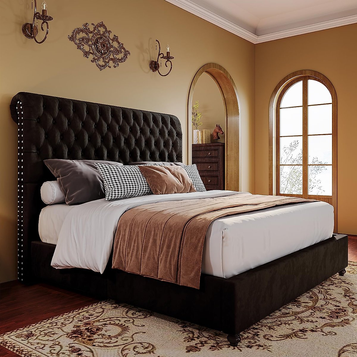 PaPaJet King Bed Frame Upholstered Platform Bed Frame with 52.8'' Tall Sleigh Headboard, Button Tufted, No Box Spring Needed, Easy Assembly, Black