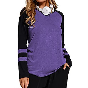Heymiss Womens Shirts Long Sleeve Color Block Casual Work Out Tunic Tops Sexy Basic Oversized Tshirt Purple Black XXL